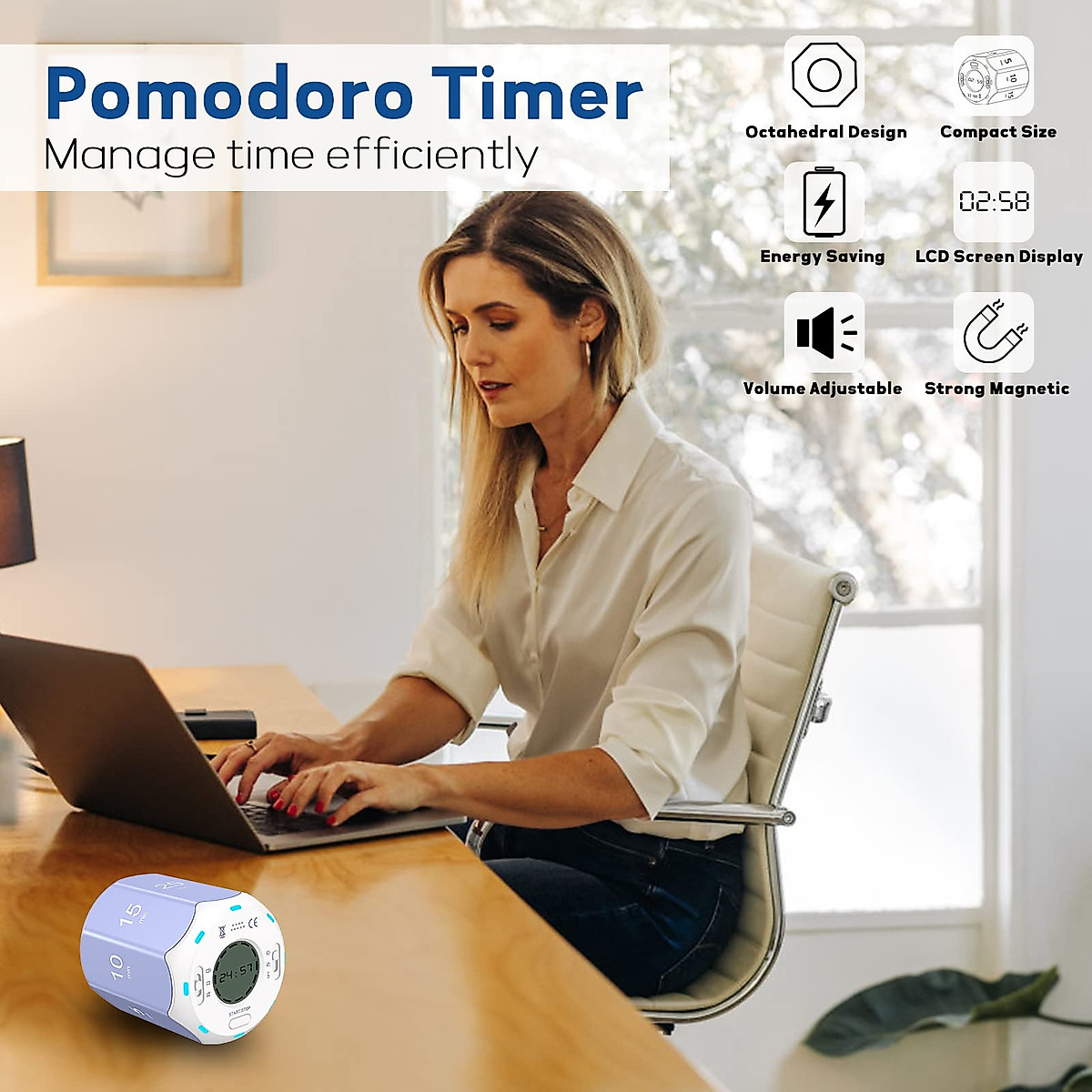 Pomodoro Timer, Octahedral Flip Timer, Desk Digital Timer for Kids, Kitchen Timer Magnetic with LCD Display, Silent & Alarm Function, Countdown/up Timer for Cooking, Productivity, Classroom, Gym, ADHD