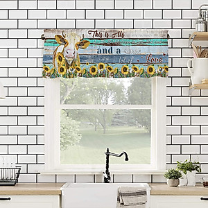ZEREAA Farmhouse Cows with Sunflower Wooden Texture Privacy Decorative Rod Pocket Short Window Valance Curtains for Kitchen, Living Room, Bedroom, Bathroom 54" W x 18" L