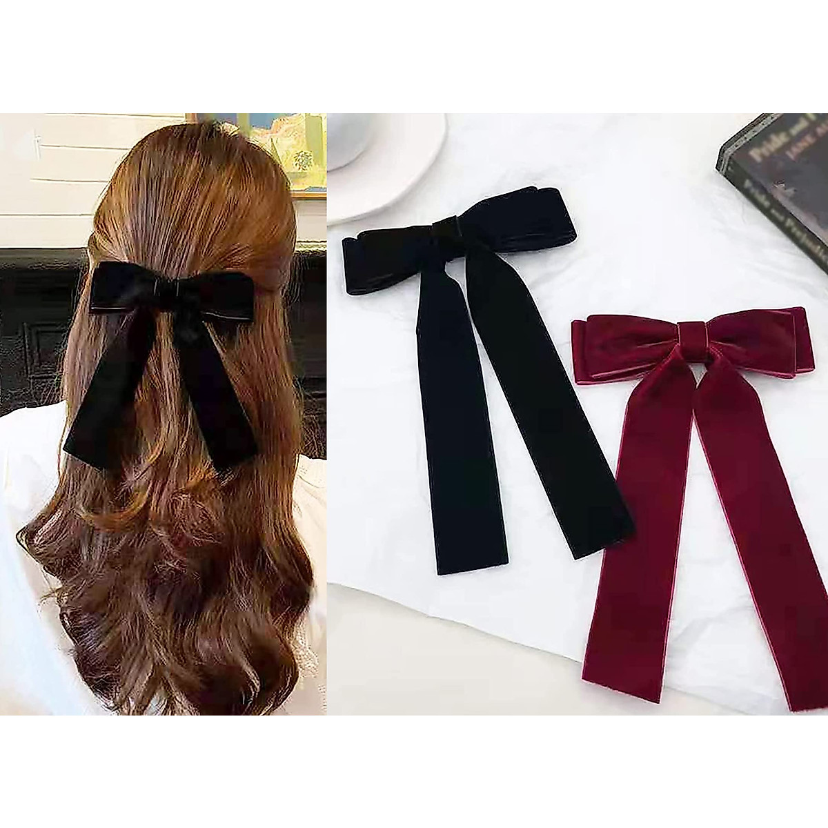 2 Pcs Velvet Hair Ties, Bows for Women, Back to School Gifts Headdress Decor, Hair Band Set, Baby Teen Girl Stuff Hair Styling Accessories, Toddler Girl Cute Hair Clips, Red and Black