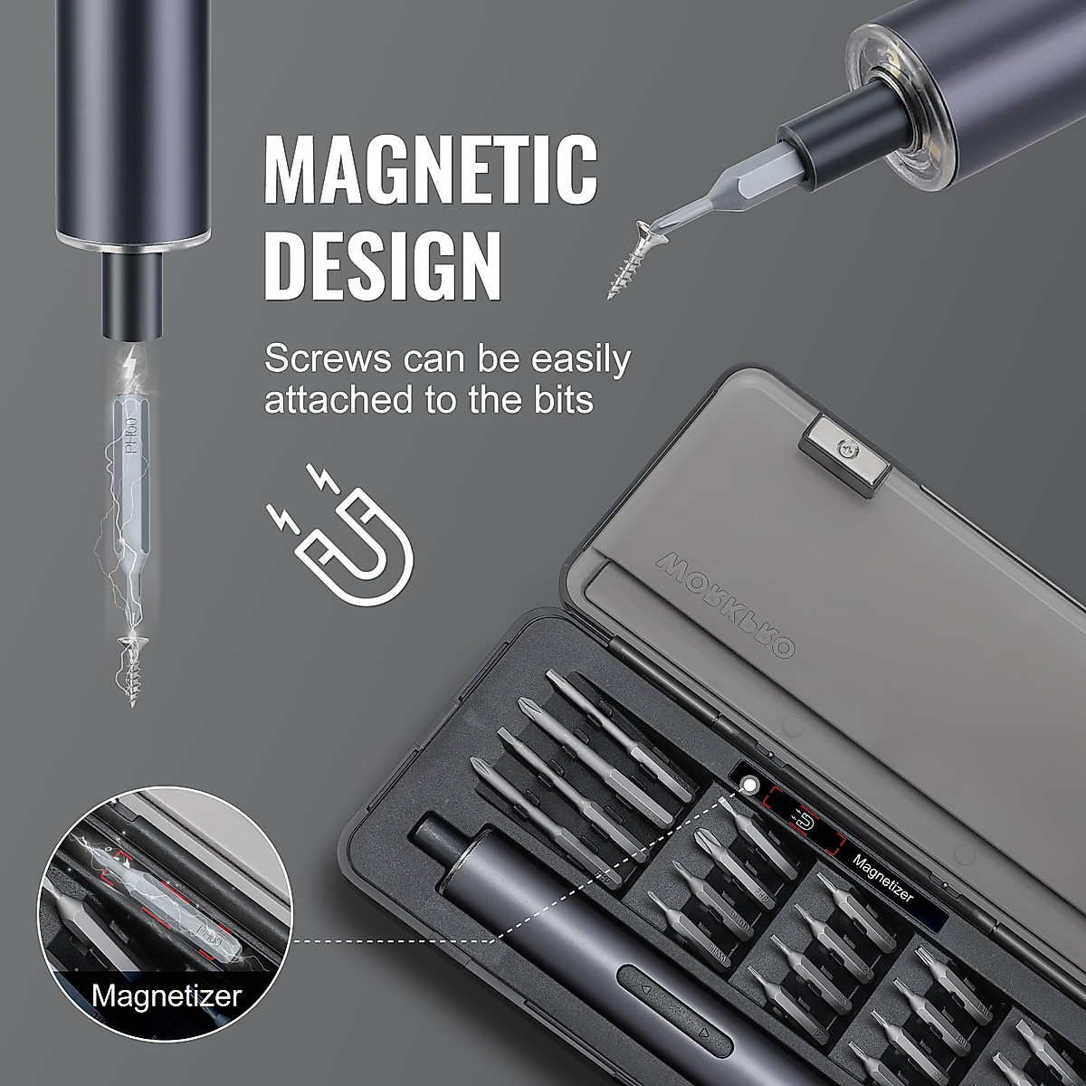 WORKPRO Mini Electric Screwdriver, 20 in 1 Electric Precision Screwdriver with Magnetizer and S2 Steel Bits, Max 4.0V Magnetic Rechargeable Cordless Screwdriver Kit for Phone, Camera, Laptop