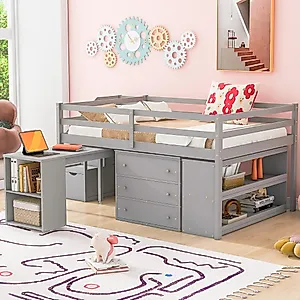 Lifeand Full Size Loft Bed with Retractable Writing Desk and 3 Drawers, Wooden Loft Bed with Storage Stairs and Shelves, Gray