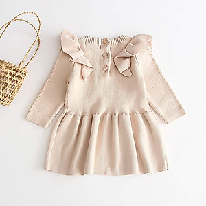 Toddler Baby Girl Knit Sweater Dress Cute Kids Solid Ruffle Long Sleeve Dresses Top Fall Winter Warm Outfits Clothes Apricot Ruffle 2-3 Years