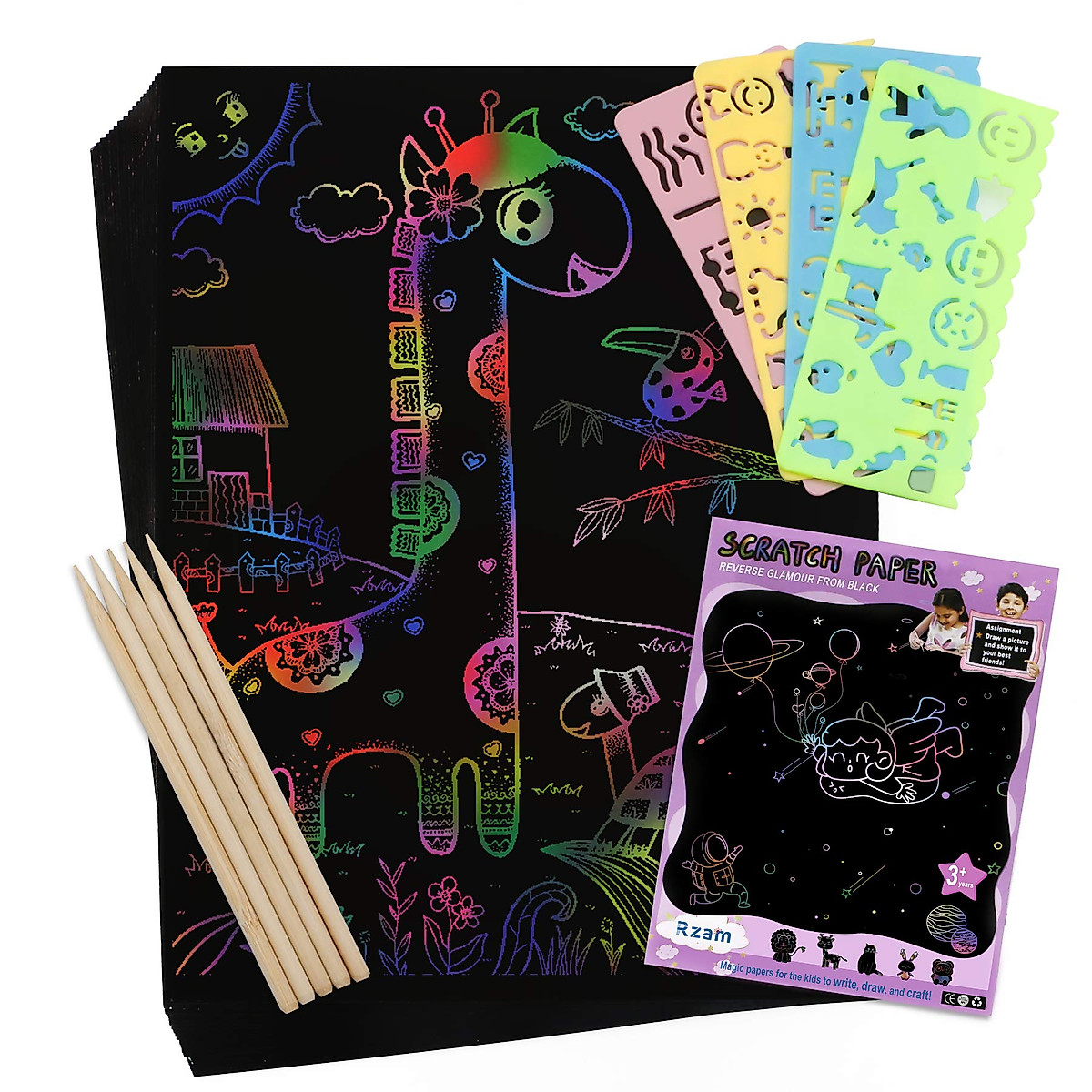 Rzam Scratch Art for Kids with Instructions, Large Size 8.5 X 11 Inches Kids Art Supplies, 20 Sheets Rainbow Scratch Paper for Kids Crafts, Arts and Crafts for Kids
