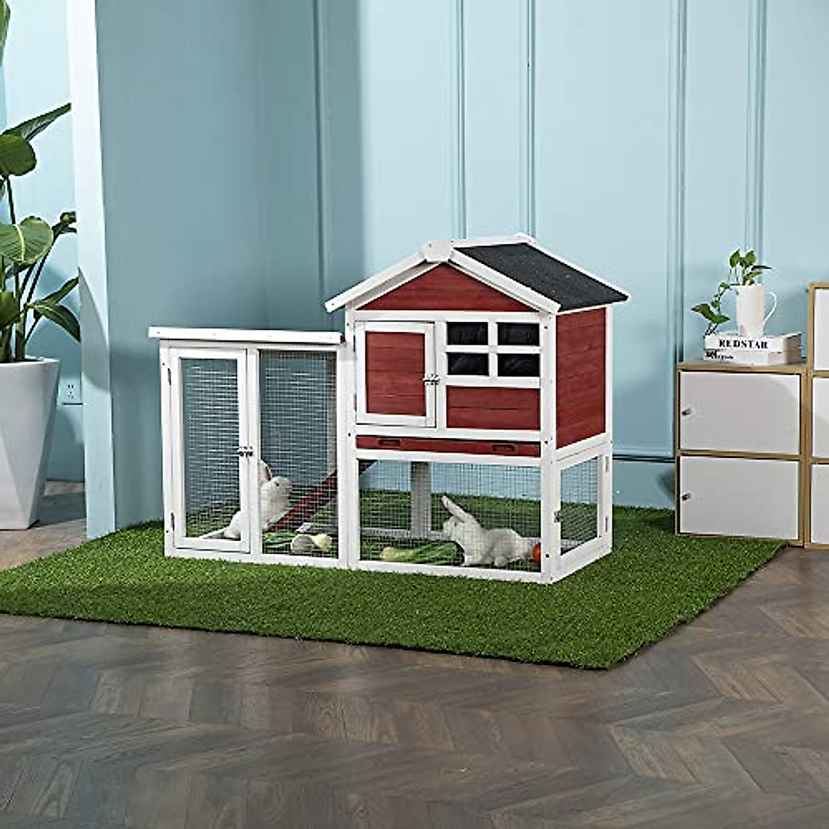 BIRASIL Wood Rabbit Hutch, Guinea Pig Cage with Pull Out Tray, 2 Levels Bunny House for Small Animals Outdoor Indoor (Red, 48 Inch)
