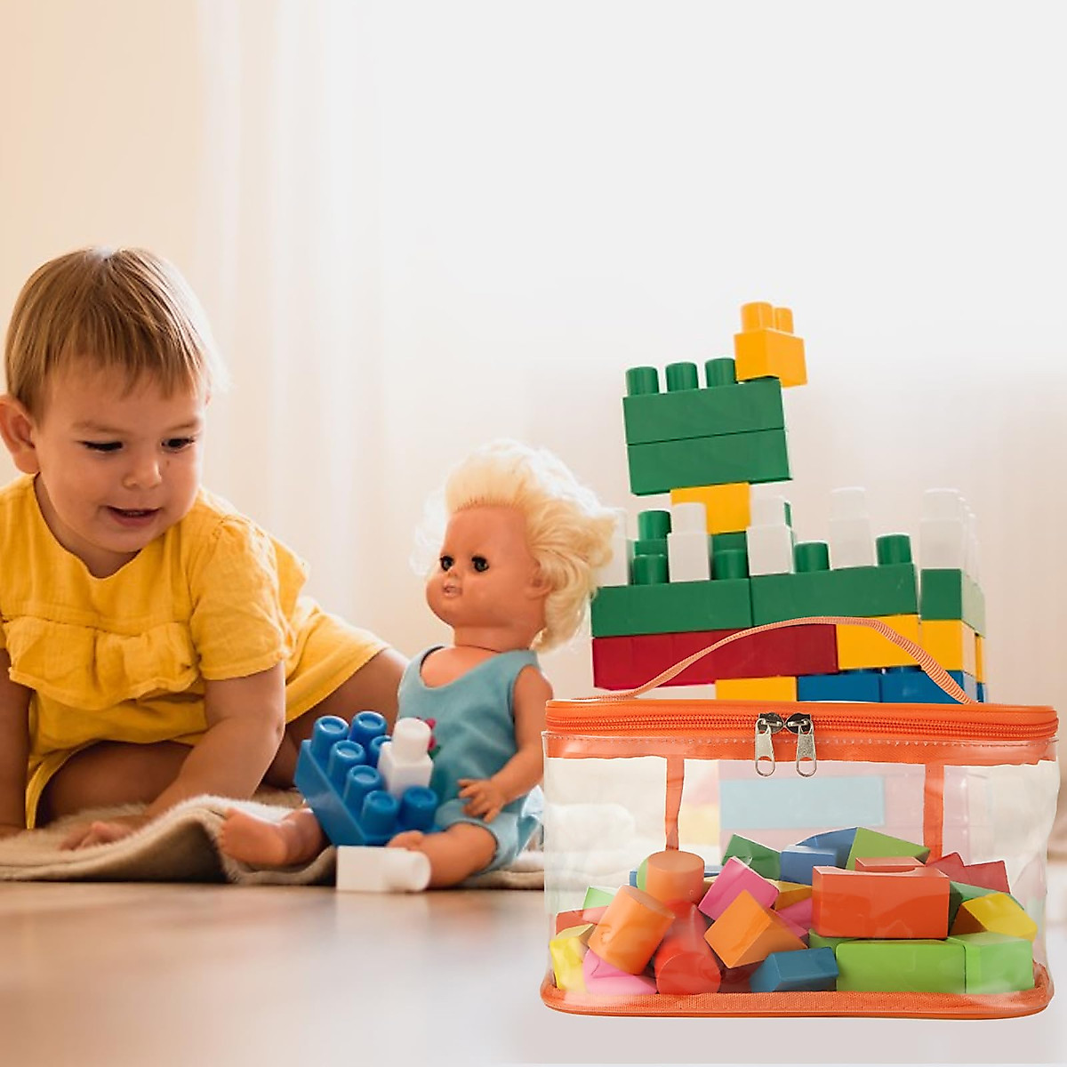 YAYODS 6 Pack Clear Toy Storage Bags with Zipper and Handle, PVC Waterproof Toy Organizer Bags for Board Games, Building Blocks, Small Toys (Black, Orange, 9.5 x 6.7 x 5.5 Inch)