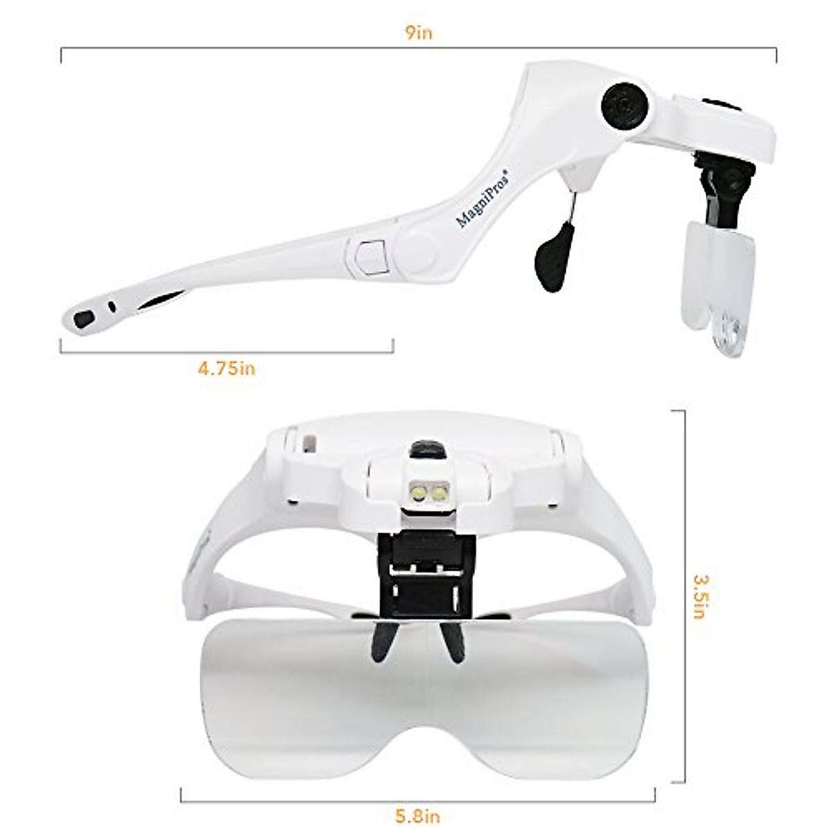 MagniPros LED Illuminated Headband Magnifier Visor | 2 Powerful LED Lights | 5 Detachable Lenses 1X, 1.5X, 2X, 2.5X 3.5X - Hands-Free Lighted Magnifying Glasses for Crafts, Hobbies, Cross Stitch