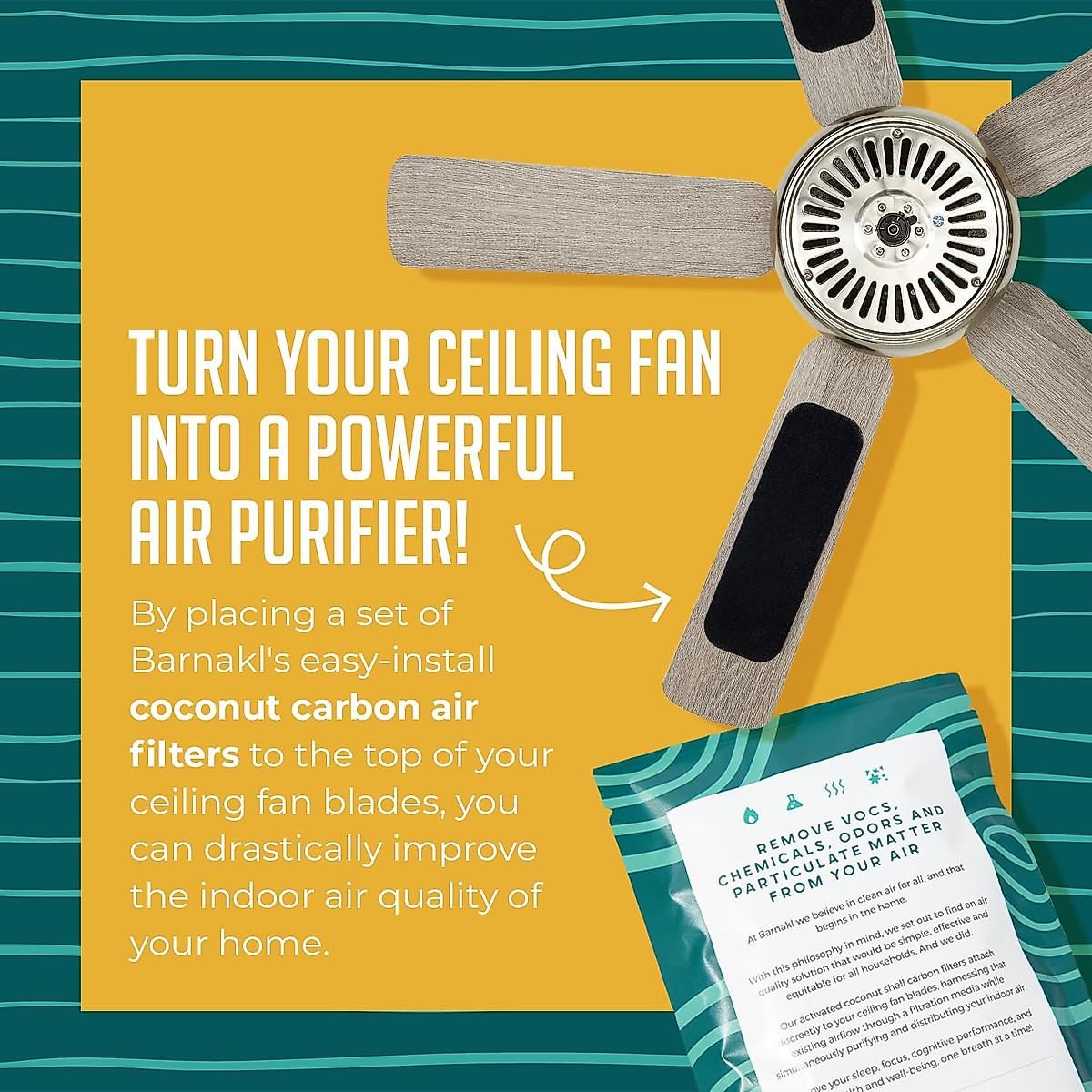 Barnakl Ceiling Fan Filters | Activated Coconut Shell Carbon Filter | Easy-Stick Universal Ceiling Fan Air Filters | Unscented Ceiling Fan Blade Filters for Common Household Contaminants, (3-Count)
