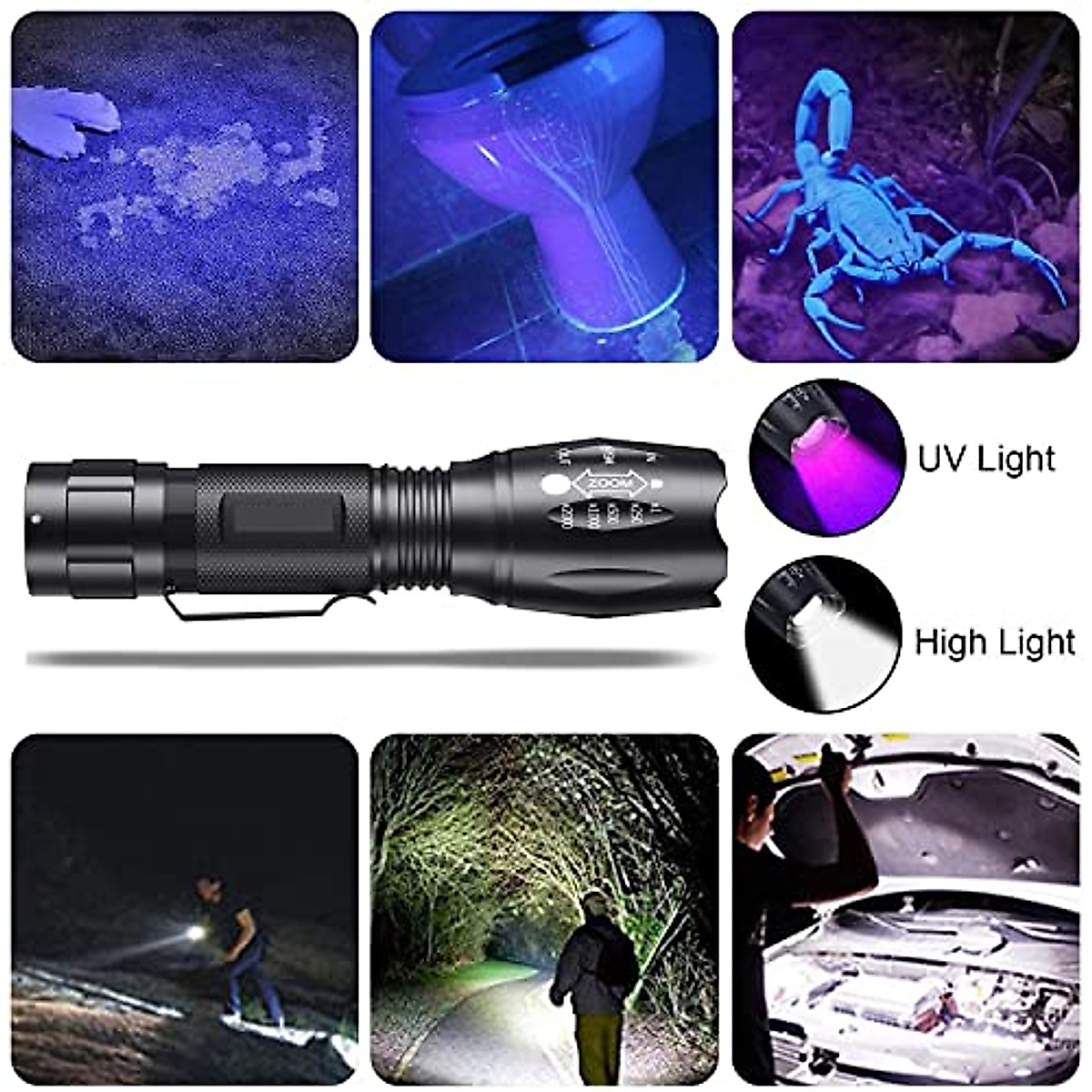 Black Light ,Flashlight, LED UV Torch 2 in 1 Blacklight with 500LM Highlight, 4 Mode, Waterproof for Pet Clothing Food Fungus Detection/Night Fishing/Travel