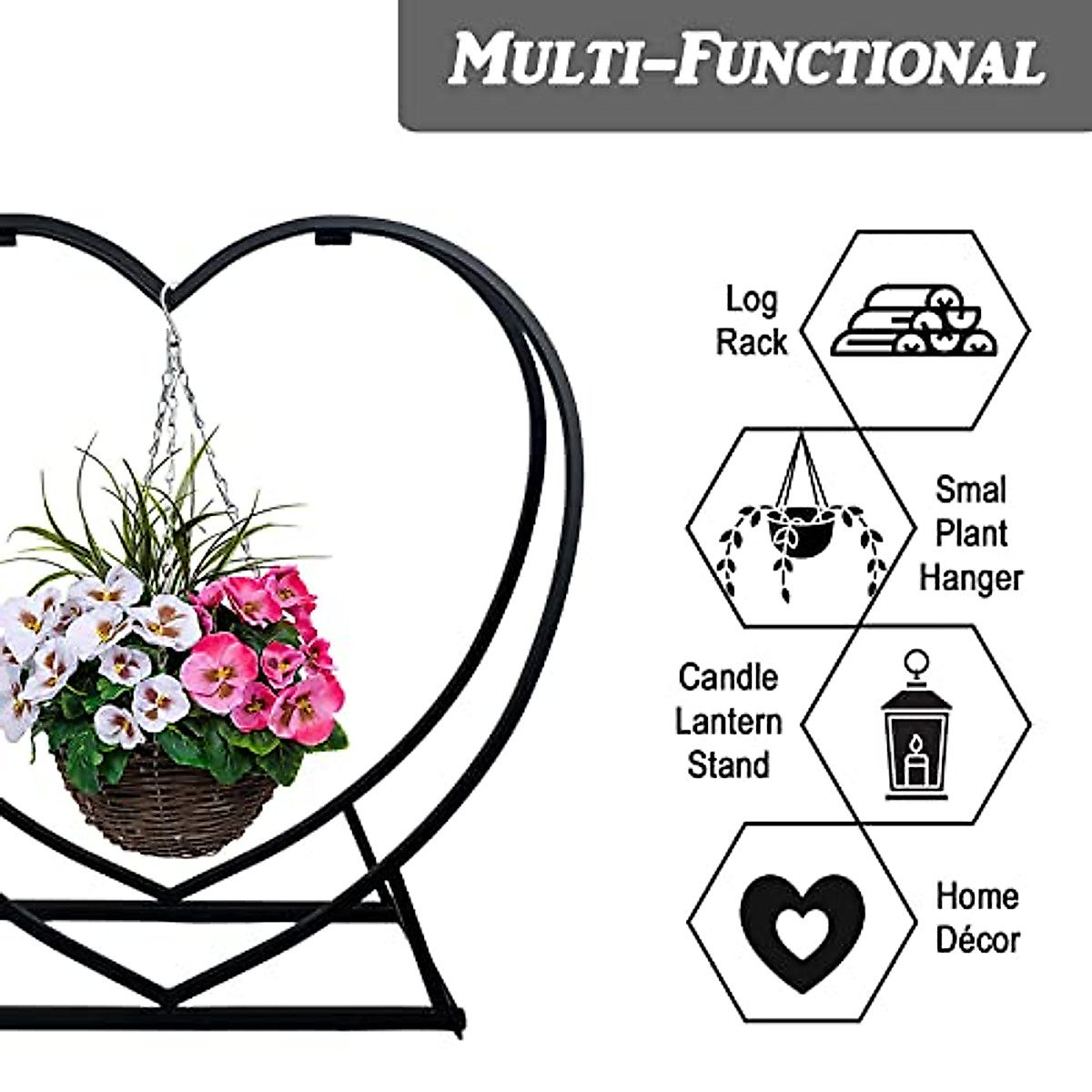 Westcharm 21.5" Metal Heart Shaped Firewood Log Rack | Black Firewood Holder Storage Rack | Fireplace Wood Storage Shelf for Outdoor Indoor Décor - Small