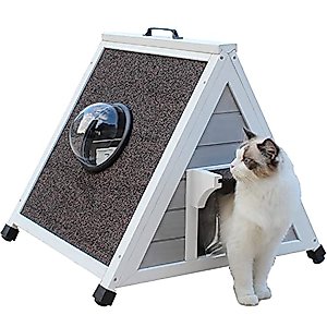 Deblue Weatherproof Outdoor Feral Cat House, Feral Cat House with Escape Door and Clear Window, Small Animal House and Habitats-Grey
