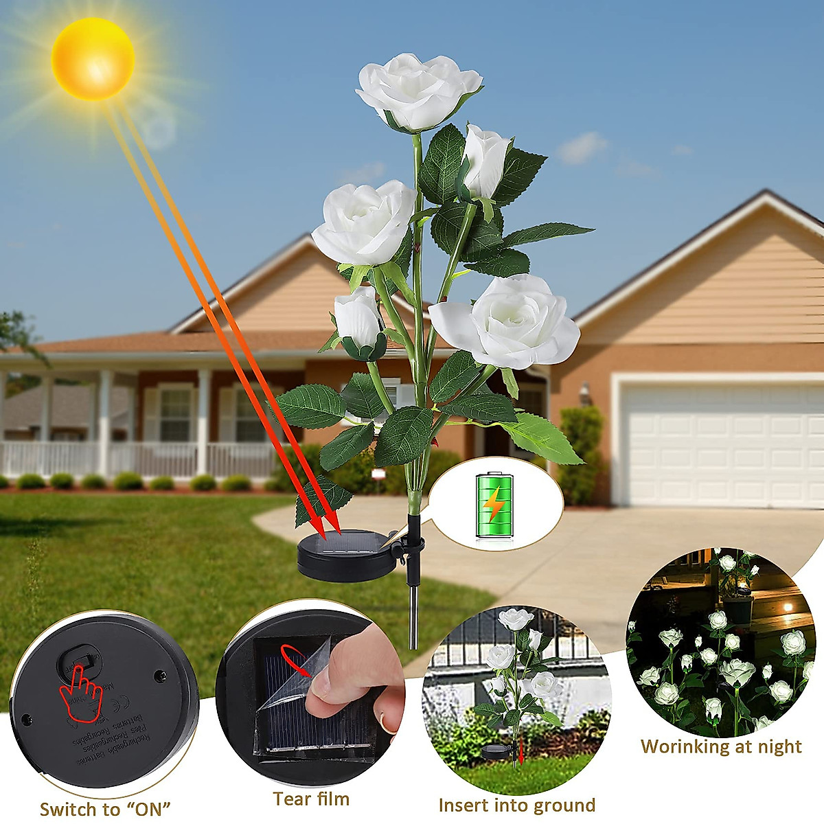 JJGoo Solar Garden Lights, Solar Rose Light for Outside, New Upgraded Outdoor Waterproof Light for Garden Patio Yard Front Porch Decor, White