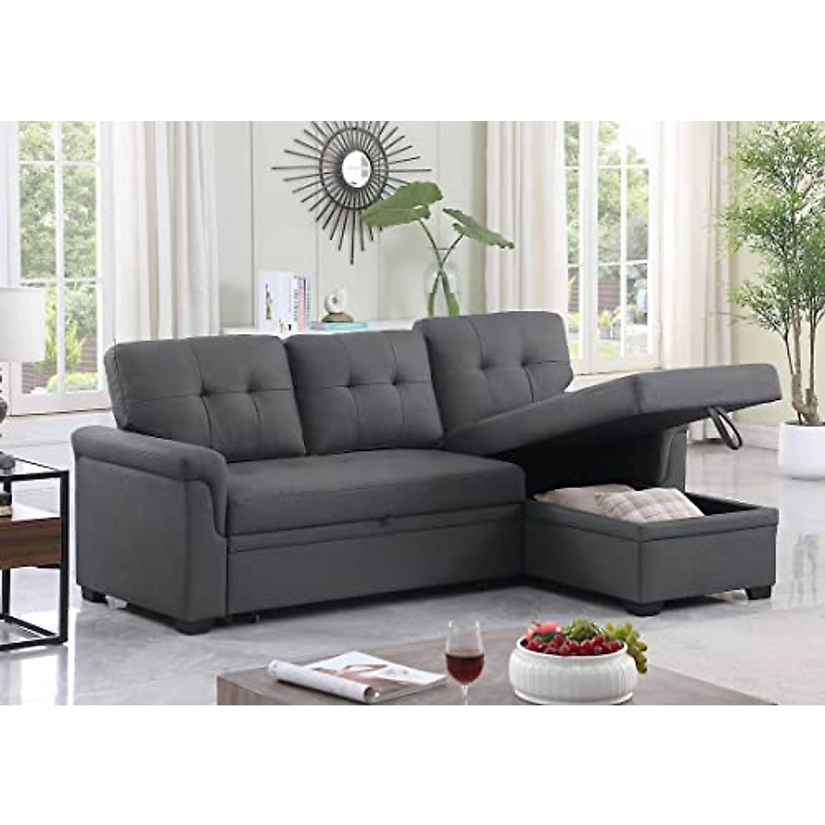 Lilola Home Lucca Performance Artificial Leather L-Shaped Pull-Out Sleeper Sofa Sectional with Reversible Storage Chaise and Solid Wood Frame, Gray