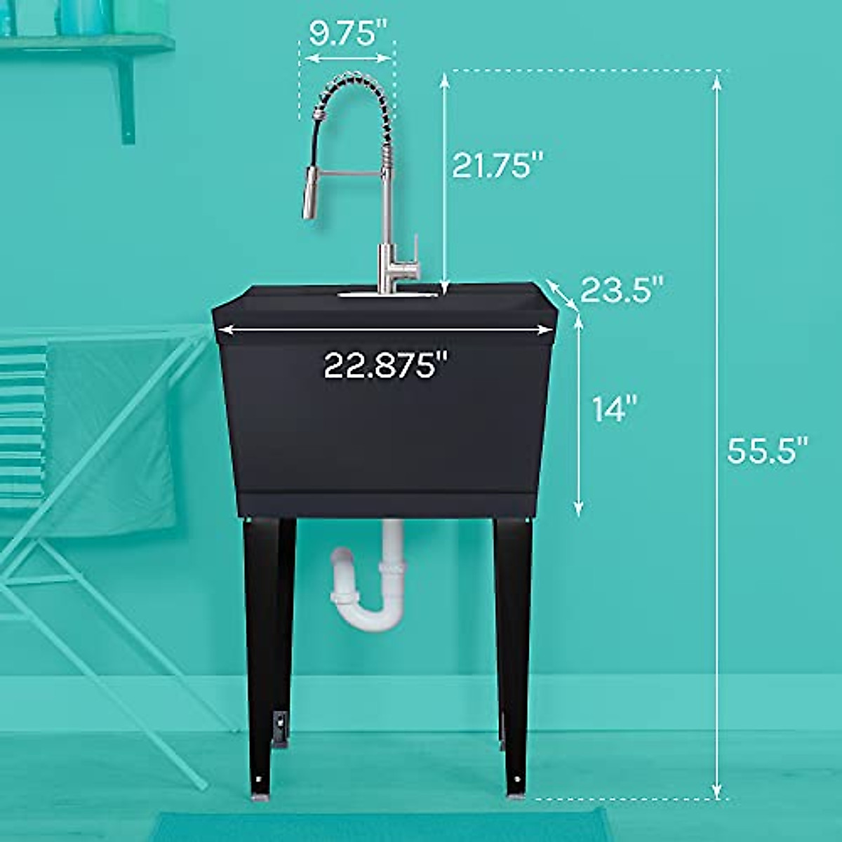 Utility Sink Extra-Deep Laundry Tub in Black with High-Arc Stainless Steel Coil Pull-Down Sprayer Faucet, Integrated Supply Lines, P-Trap Kit, Heavy Duty Floor Mounted Freestanding Wash Station