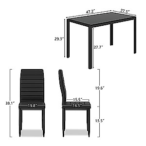 Lamerge Dining Table Set for 4, 5 Piece Kitchen Table Set with Tempered Glass Table Top and 4 Faux Leather Chairs,for Living Room,Dining Room,Kitchen,Small Space,Black (LDTS-GB)