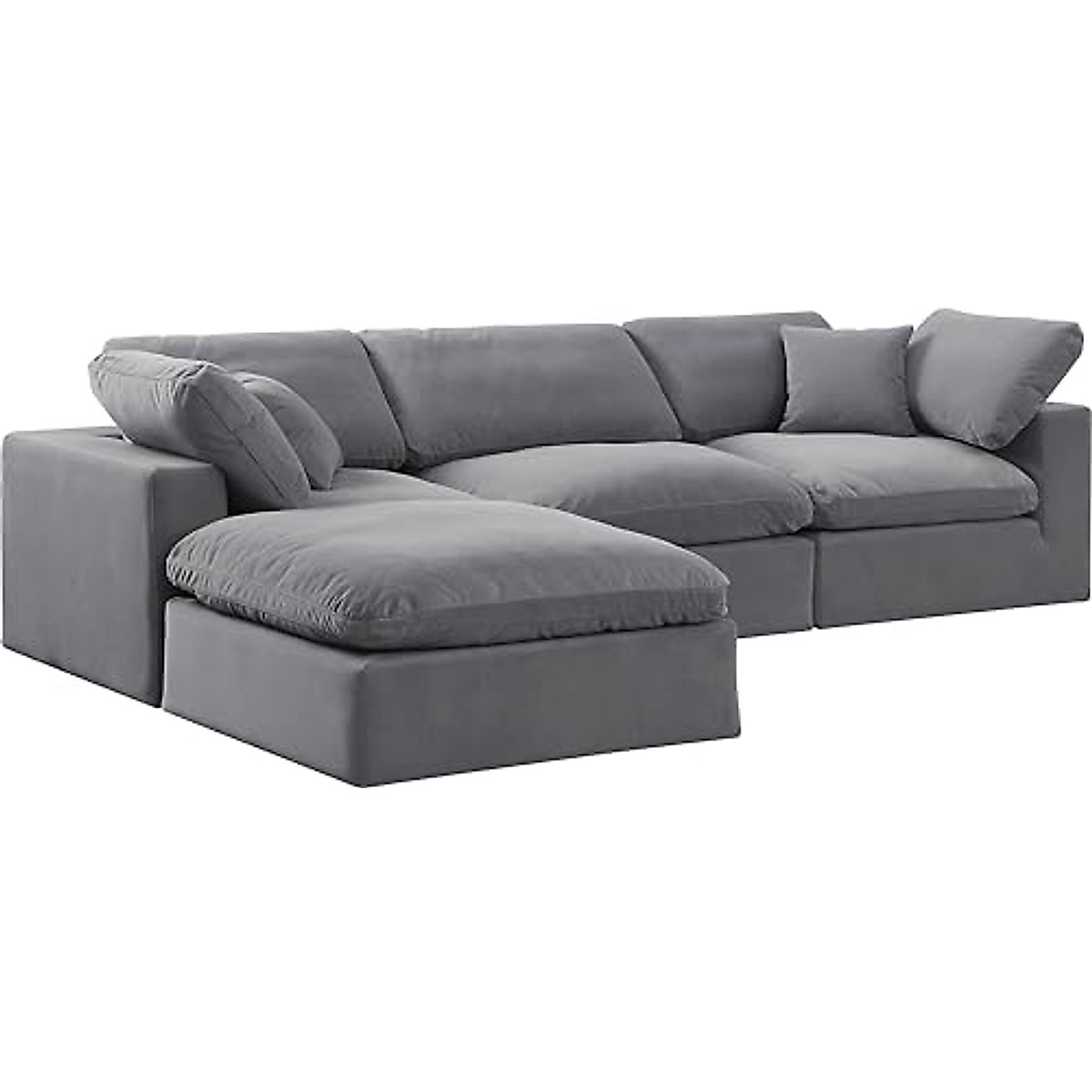 Meridian Furniture 189Grey-Sec4A Comfy Collection Modern | Contemporary Upholstered Modular Sectional, Soft Grey Velvet, Down Feather Cushions, 119" W x 79" D x 34.5" H, Grey