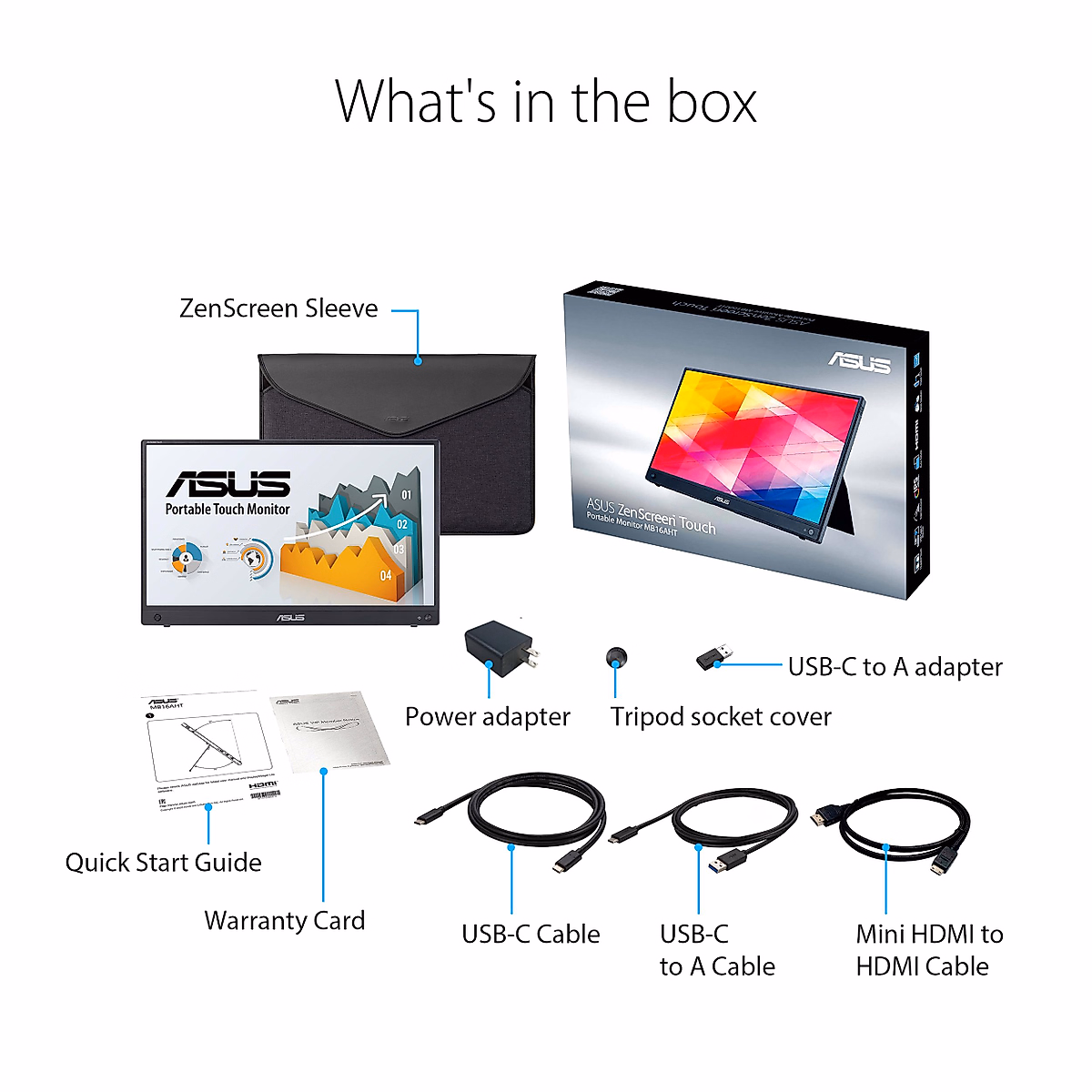 ASUS ZenScreen Touch Screen 15.6” 1080P Portable USB Monitor (MB16AHT) - Full HD (1920 x 1080), IPS, USB Type-C, Mini-HDMI, Kickstand, Tripod Mountable, Eye Care, Protective Sleeve, 3-Year Warranty