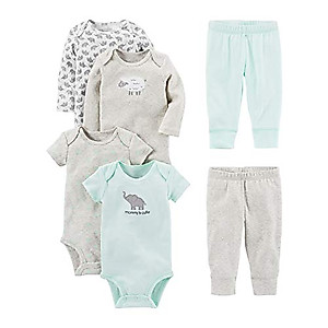 Simple Joys by Carter's Unisex Babies' 6-Piece Bodysuits (Short and Long Sleeve) and Pants Set, Grey/Mint Green/Elephant/Lamb, 0-3 Months