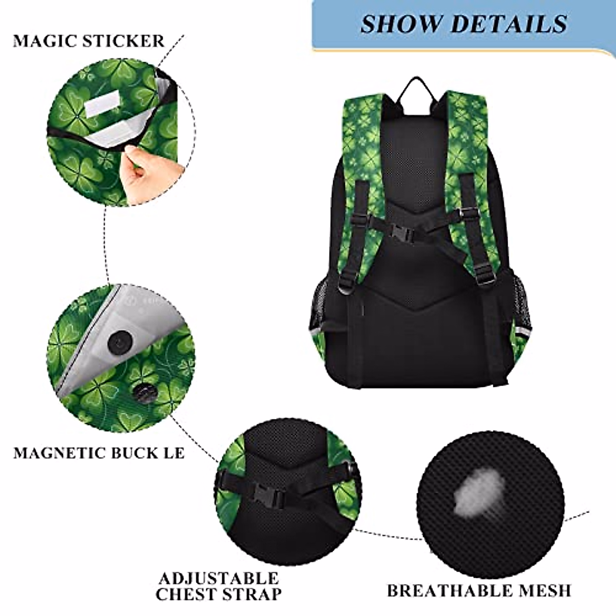ALAZA Dark Green Clover St Patrick's Day Backpack Bookbag Laptop Notebook Bag Casual Travel Trip Daypack for Women Men Fits 15.6 Laptop