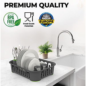 Mueller Dish Drying Rack, Dish Rack with Utensil Holder, Utensil Rack, Dish Drainer for Kitchen Countertop, Sink, European Made, 15" x 11" x 4", Gray/Green