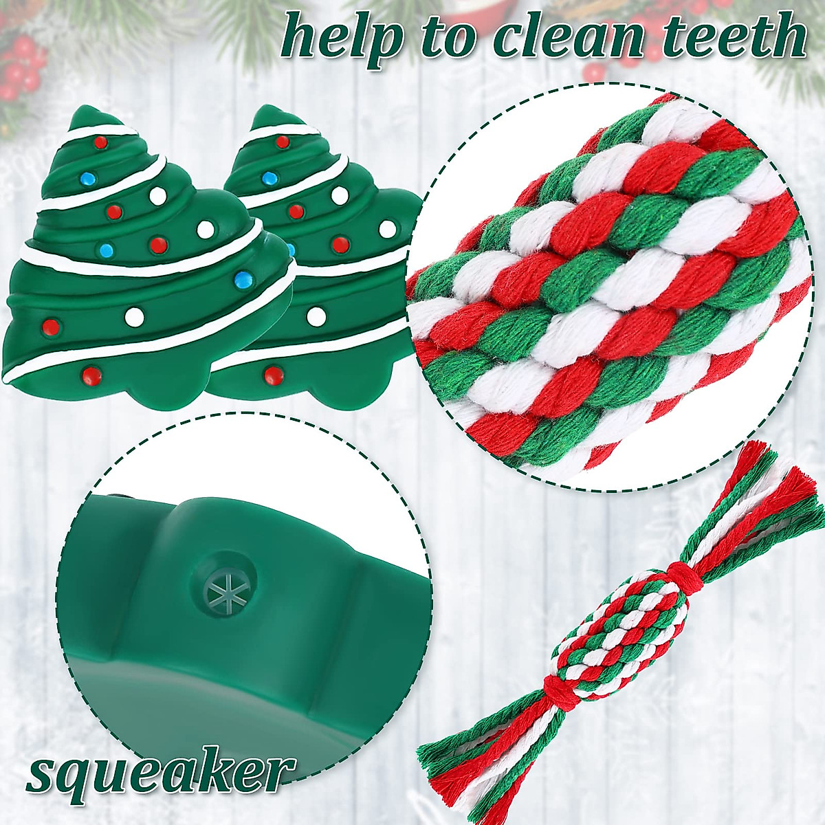Whaline 7Pcs Christmas Pet Toy Kit Include Chewing Toys, Dog Bandana and Xmas Tree Squeak Toy Red Green Candy Bone Ball Shape Knot Cotton Rope Chew Toys for Small Medium Large Dog Christmas Pet Gifts
