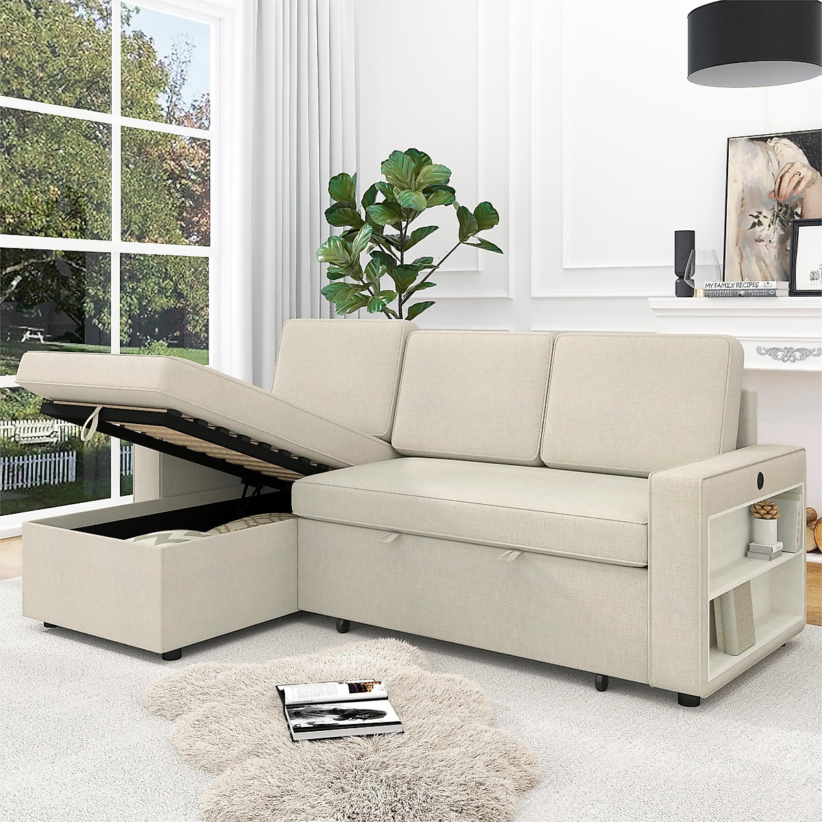 ONEMMLION Convertible Sleeper Sofa Couch with Pullout Bed, 85.8" Reversible Sectional Sofa Bed with Storage Chaise&Storage Racks, 3 Seat L-Shape Pull Out Couch with USB Charge Ports(Beige)