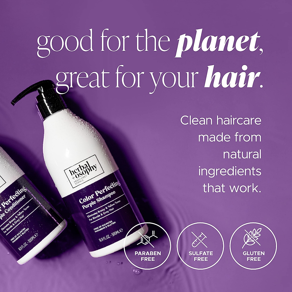 Herbalosophy Purple Shampoo & Conditioner Set for Blonde Gray Hair, Eliminates Brassy and Yellow Tones, Infused with Cocos Nucifera Oil, Free of Sulfate, Parabens and Gluten, 2 x 16.9 Fl Oz