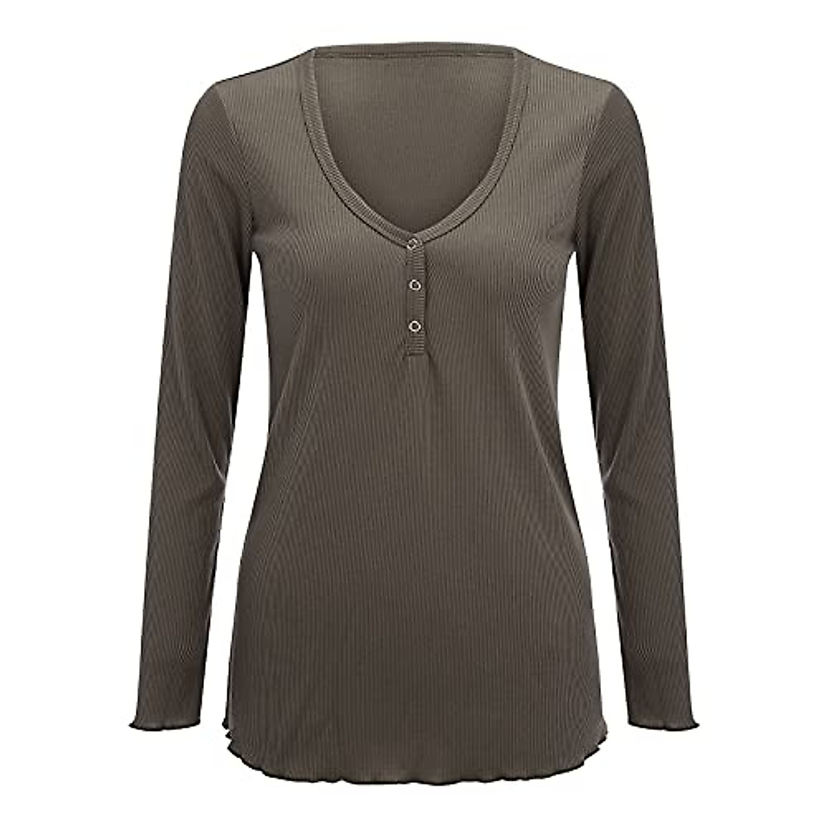Women's Casual Solid Color Ribbed Top Long Sleeve V-Neck Pullover Knit Shirt Comfy Buttons Slim Workout Plain Blouses Khaki