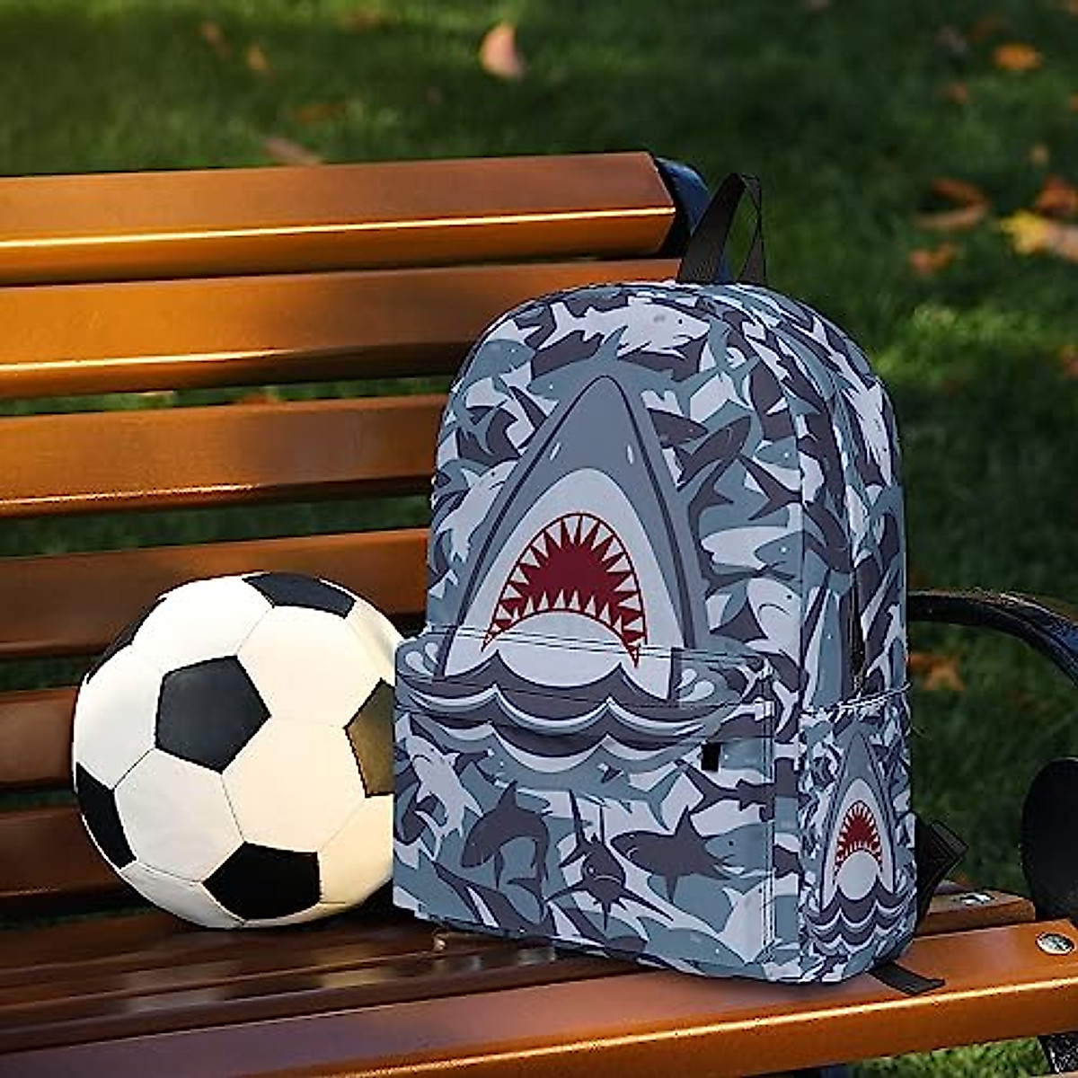 Lightweight Shark Boys School Backpack, Classic Bassic Bookbag for Middle School Students, Cute Shark Patterned Casual Daypack for College, Travel, Work with 15-Inch Laptop Compartment, 17 IN-Grey