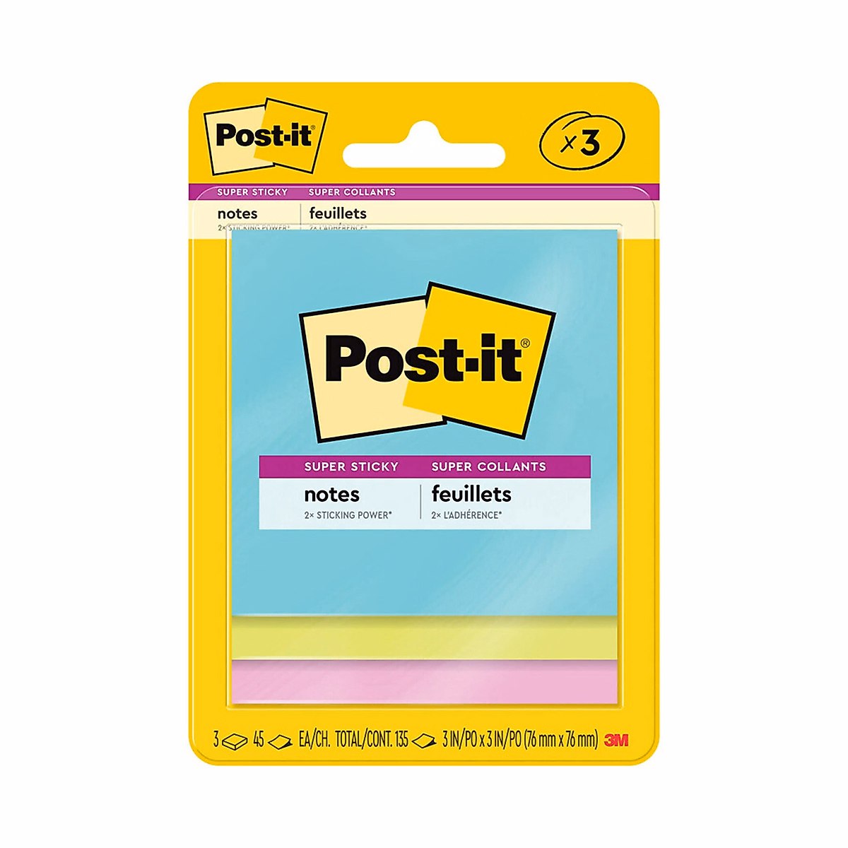 Post-it Super Sticky Notes, 3x3 in, 3 Pads, 2x the Sticking Power, Supernova Neons, Bright Colors, Recyclable (3321-SSMIA)