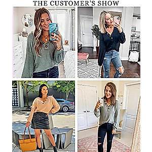 BTFBM Women Waffle Knit Shirts V-Neck Long Sleeve Casual Slouchy Loose Blouses Plain Faux Button Lightweight Pullover (Blue, X-Large)