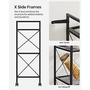 SONGMICS 3-Tier Metal Storage Rack with Wheels, Mesh Shelving Unit with X Side Frames, 23.6-Inch Width, for Entryway, Kitchen, Living Room, Bathroom, Industrial Style, Black UBSC163B01