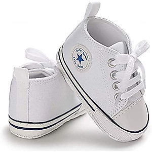 Baby Girls Boys Shoes Newborn First Walkers Star High Top Soft Anti-Slip Sole Canvas Denim Unisex Infant Sneaker (A01-White, 0-6 Months)