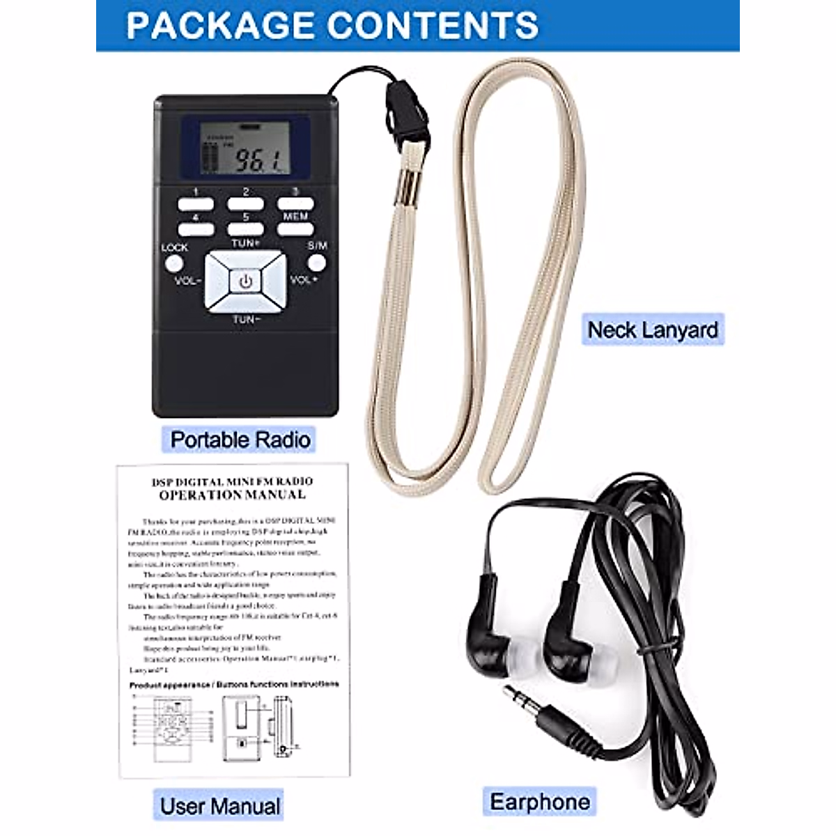 ZHIWHIS Mini Portable FM Radio, Stereo LCD Digital Display Tuning Pocket Walkmen Transistor Conference Receiver with Earphone, Small Pocket Radio Operated by AAA Batteries for Walking/Running