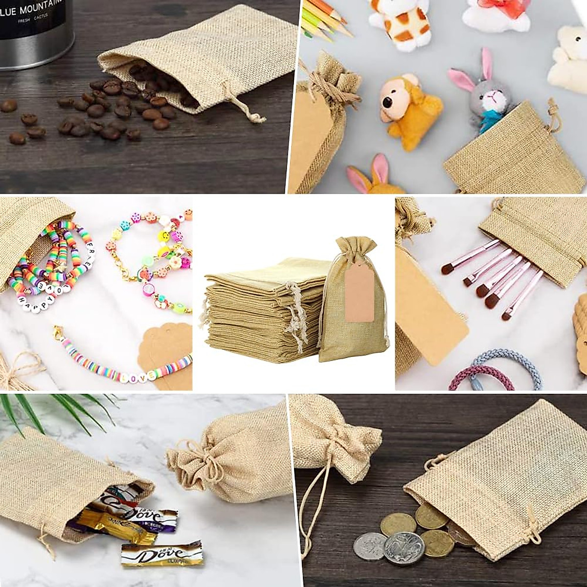 50 Pcs Burlap Gift Bags 5x8 Inch, Linen Sacks Bag with Drawstring for Gifts Candy Small Items, Reusable Jewelry Pouches for Art DIY Craft Coffee Present Wedding Favors Household Use, Brown