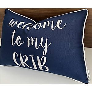 Rudransha Welcome to My Crib Embroidered Lumbar Accent Throw Pillow Cover - Nursery Decor - 12x18, Navy Blue