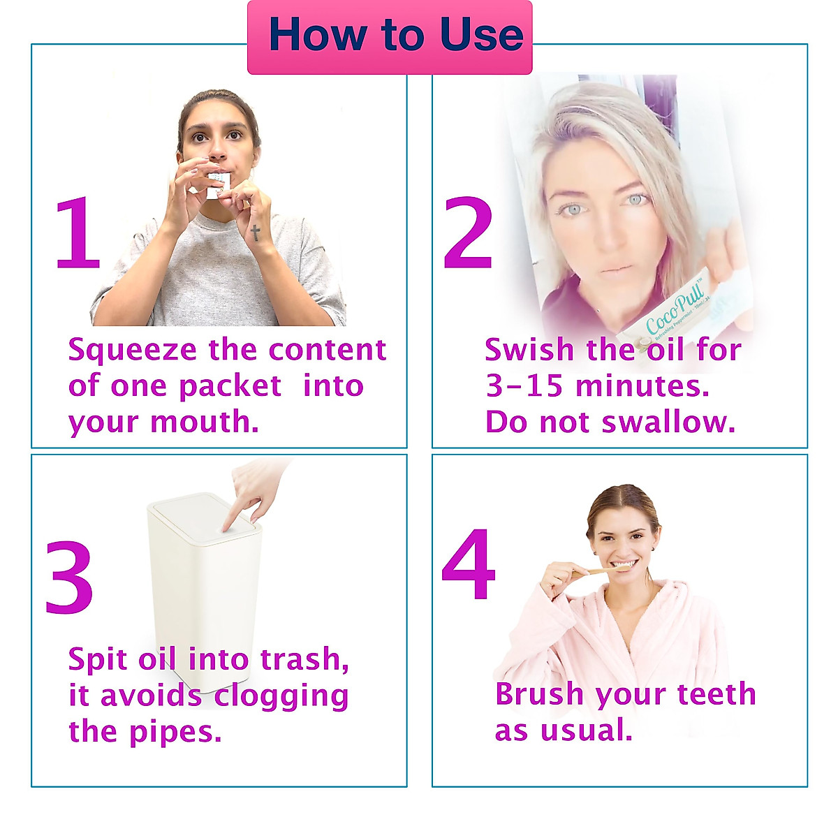 CocoPull - Organic Oil Pulling 14 Packets/Sachets with Coconut and Peppermint Oil for Healthy Teeth, Gums, Bad Breath Remedy. Natural Teeth Whitening.