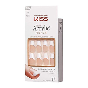 KISS Salon Acrylic French Nail Manicure Set, Medium Length, Square, “Je T'aime”, Nail Kit Includes Pink Gel Nail Glue (Net Wt. 2 g / 0.07oz.), Mini File, Manicure Stick, and 28 Fake Nails