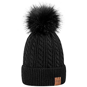 Alepo Womens Winter Beanie Hat, Warm Fleece Lined Knitted Soft Ski Cuff Cap with Pom Pom(Black)