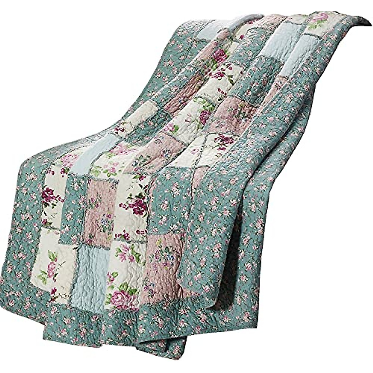 Chezmoi Collection Abbi 1-Piece Garden Floral Shabby Chic Throw Pre-Washed Cotton Ruffle Trim Patchwork Throw Blanket