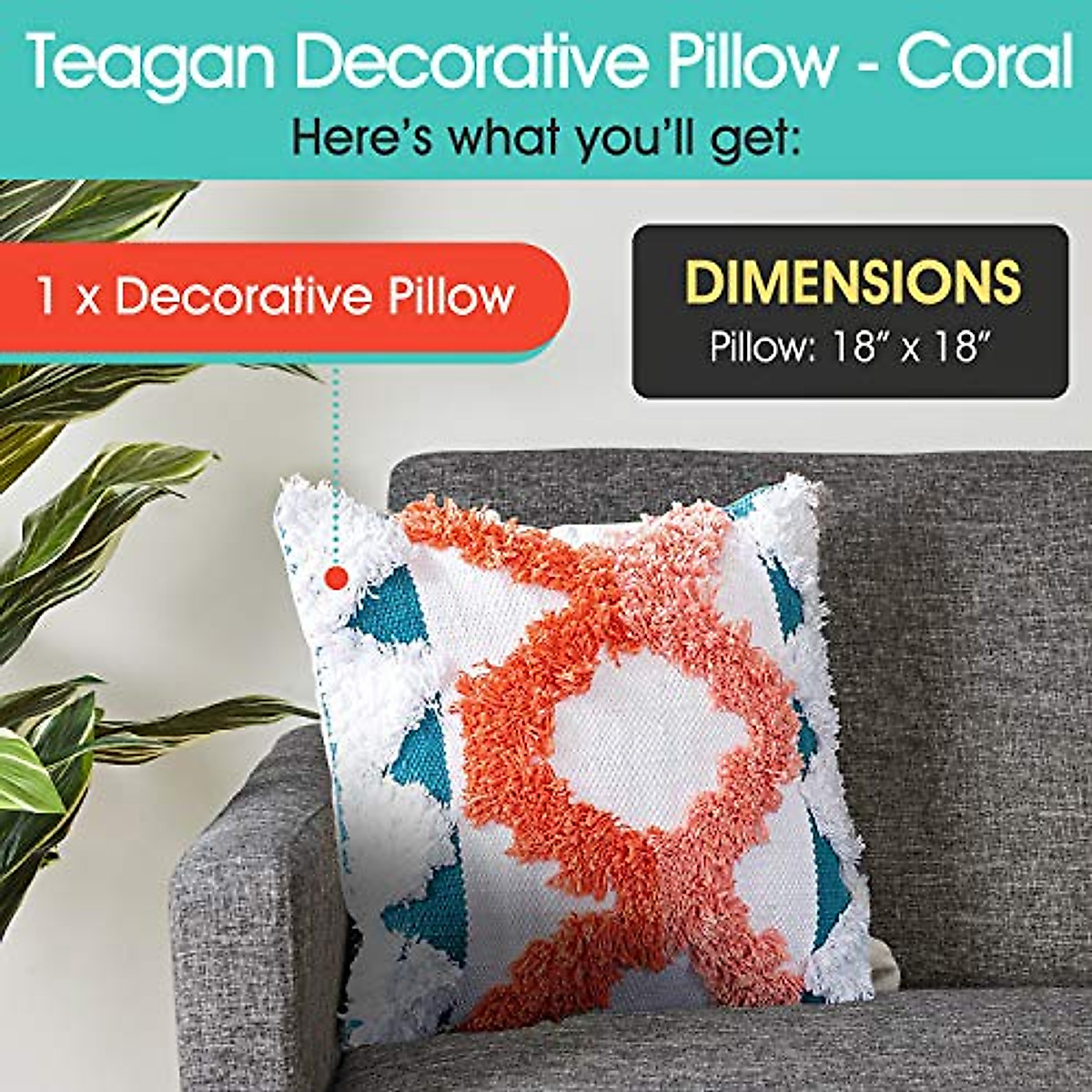 Refinery29 | Teagan Collection | 100% Cotton Luxury Decorative Textured Throw Pillows, Ultra Soft with Stylish Modern Woven Tufted Design for Home Décor, 18 x 18, Coral