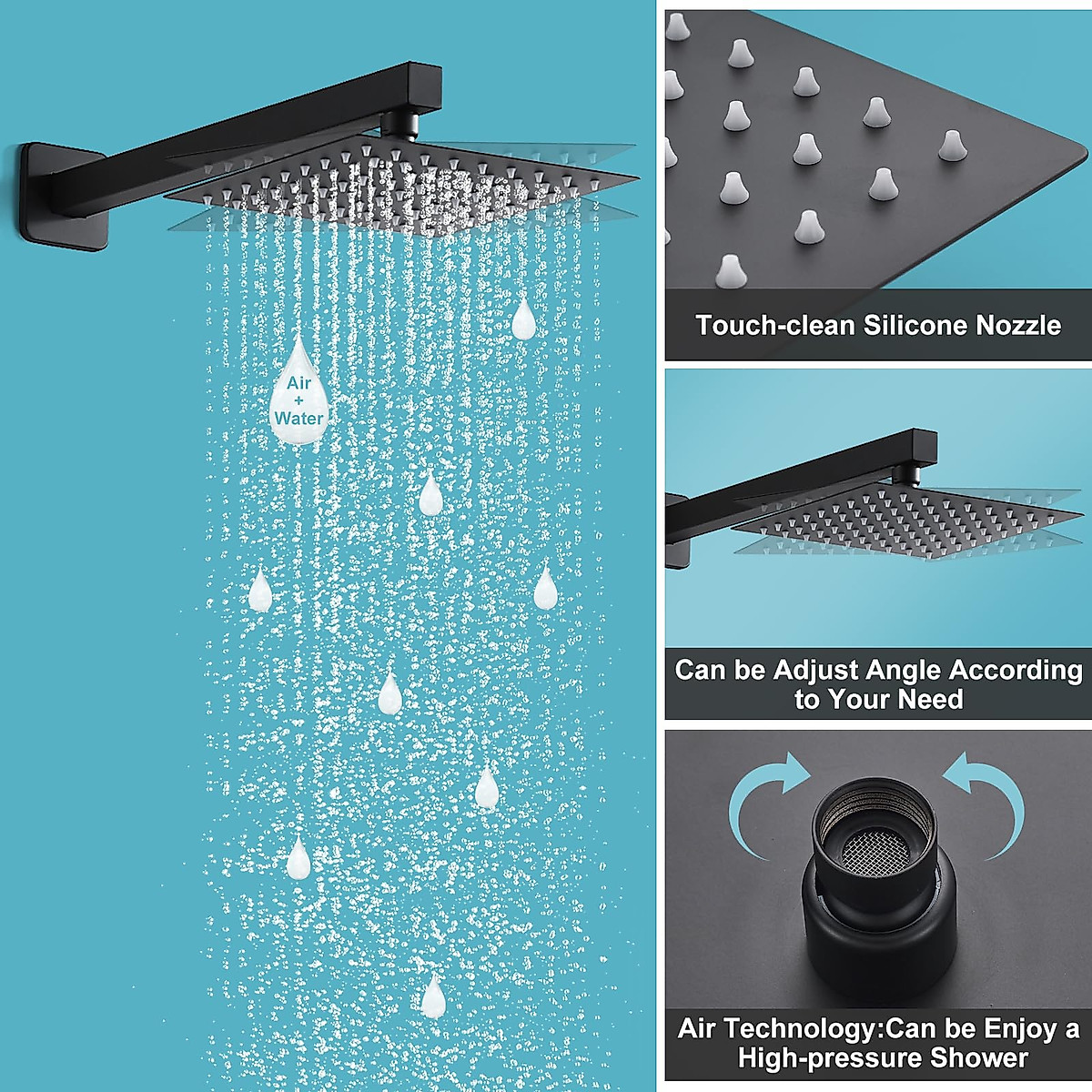 RTTWYYUU Matte Black Shower Head and Handle Set 10 Inch, Rain Shower Head with 2 Hooks, Luxury Rain Shower Set Square Wall Mount for Bathroom with Rain Shower and Handheld Shower System