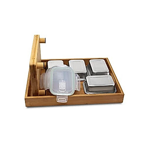 VERSACHOP Quattro - Totally natural organic bamboo cutting board with included stainless steel lunch boxes with airtight lids and serving tray. Perfect for meal prep, storage and organization.