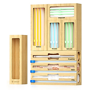 8 in 1 Plastic Wrap Dispenser with Cutter and Bag Organizer, Bamboo Plastic Bag Organizer for Drawer, Kitchen Organizers and Storage, Kitchen Drawer Organizer for Gallon,Quart,Sandwich,Snack Bag
