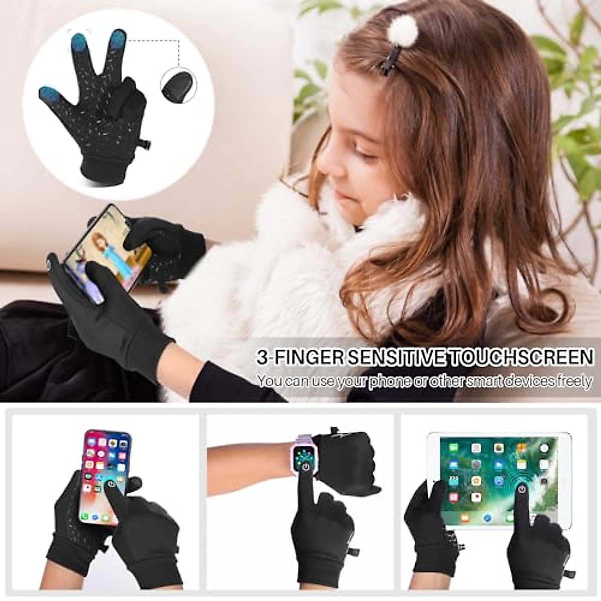 JIAN YA NA Winter Kids Touch Screen Gloves: Waterproof Fleece Warm Mittens Running Soccer Rugby Sports Finger Gloves for 8-10 Years Old Kid Youth Black