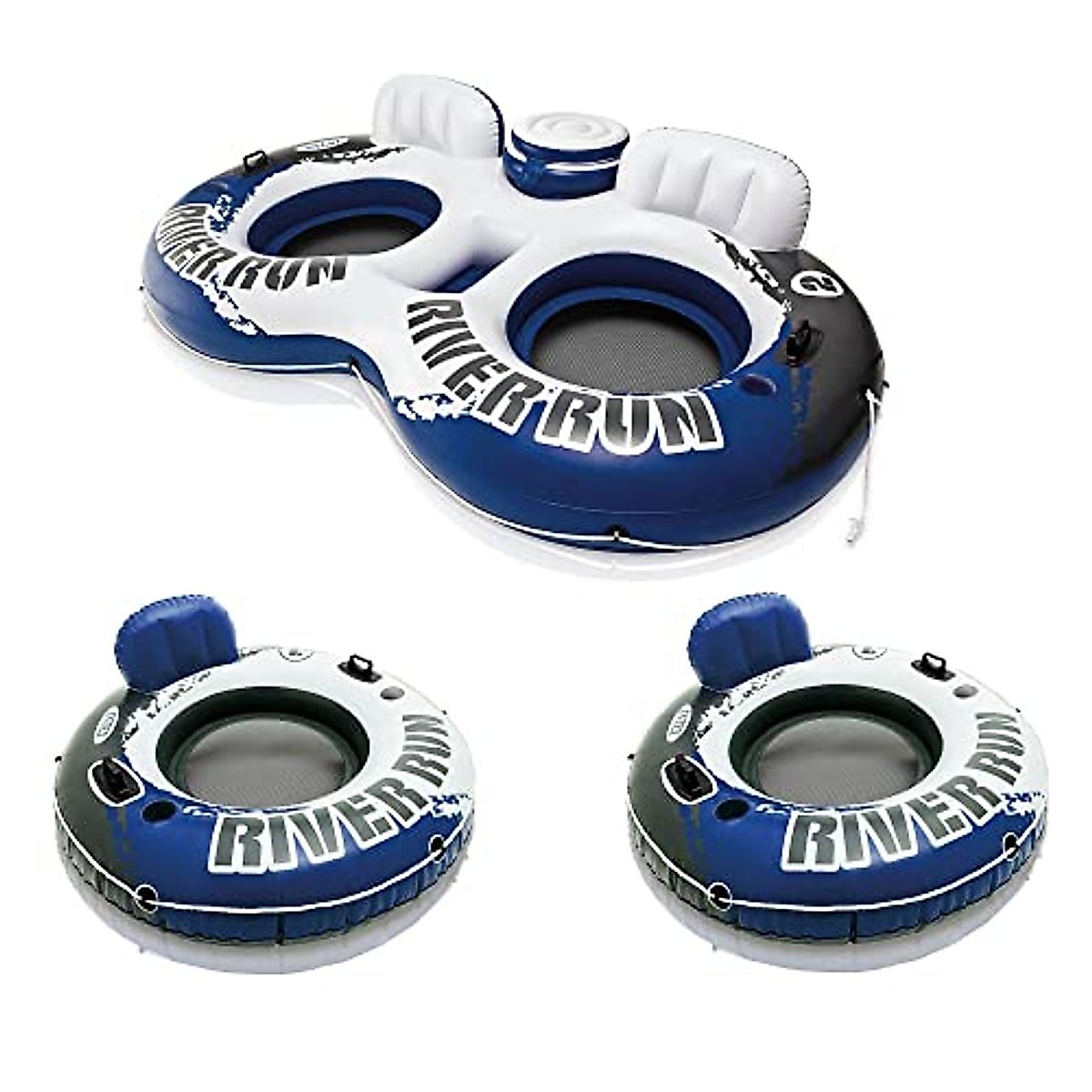 Intex River Run II Inflatable Double Rider Inntertube with Built-in Cooler and Cupholders with River Run I Single Floating Water Rafts (2 Pack)