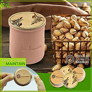 La Fermiere Yogurt Jar Tops – Olive Branches Design or Choose a Design – 4-pcs Wood Lids Set With Extra Silicone Sealing Rings - Perfectly Airtight Fit