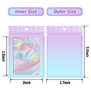Funfery 100 Pack Gradient Holographic Bags,Mylar Resealable Bags with Zipper,Clear Window Packaging Pouch,Smell Proof Plastic Bags for Food Storage,Sample Jewelry Baggies(2.7×3.9In,Purple Blue)
