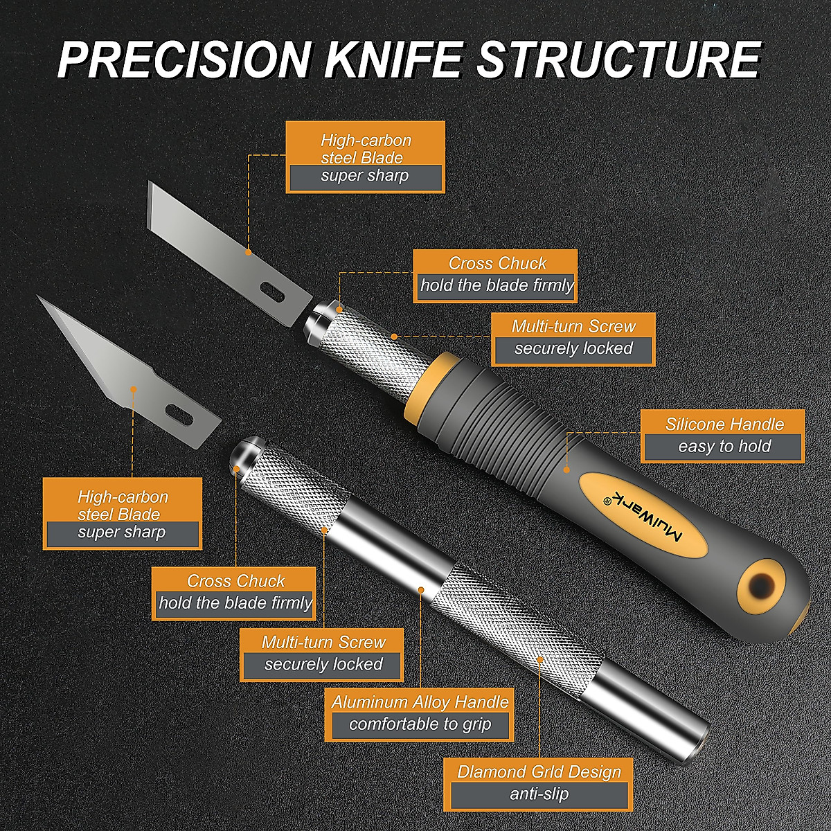 MulWark 136-Piece Precision Hobby Knife Set - Exacto Knife Set for Modeling - Craft Knife Magnetic Customized Handle with Chiseling Blade, Stencil Edge Blade, Fine Point Blade Included 120#11 blades