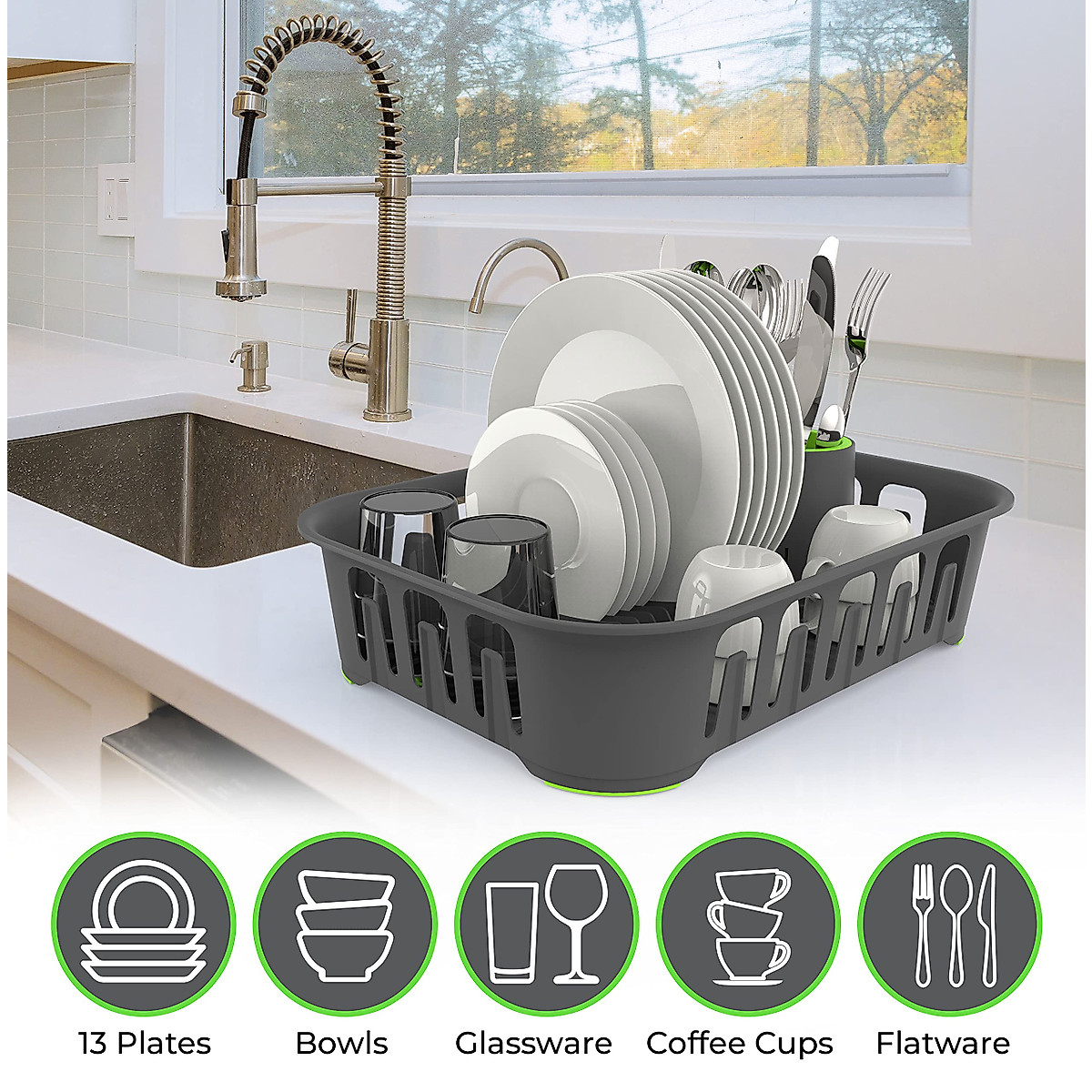 Mueller Dish Drying Rack, Dish Rack with Utensil Holder, Utensil Rack, Dish Drainer for Kitchen Countertop, Sink, European Made, 15" x 11" x 4", Gray/Green