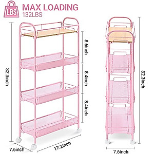 KINGRACK 4-Tier Slim Rolling Cart with Wooden Tabletop, Easy Assemble Metal Utility Cart, Slide Out Narrow Storage Cart for Narrow Space on Bedroom Bathroom Laundry Room Apartments Dormitory,Pink